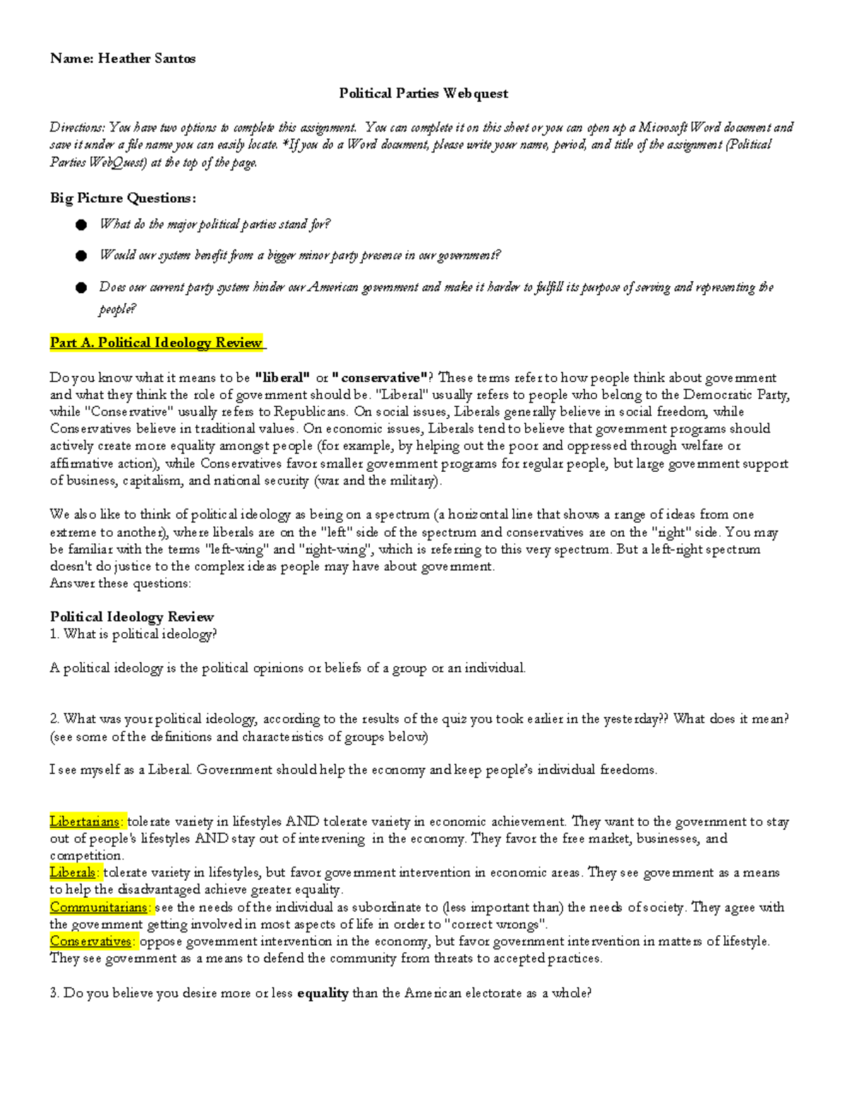 Political Parties Analytical Webquest+%282%29 - Name: Heather Santos ...