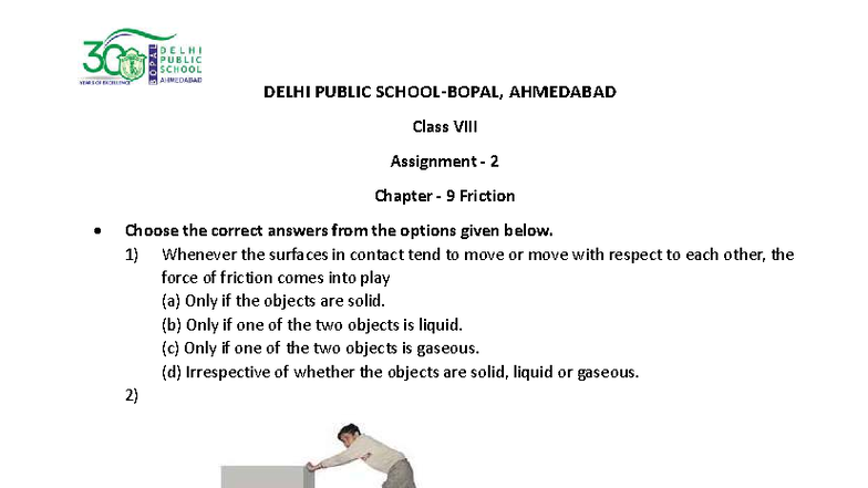DELHI PUBLIC SCHOOL AHMEDABAD Class Assignment 2: Chapter 9 Friction ...