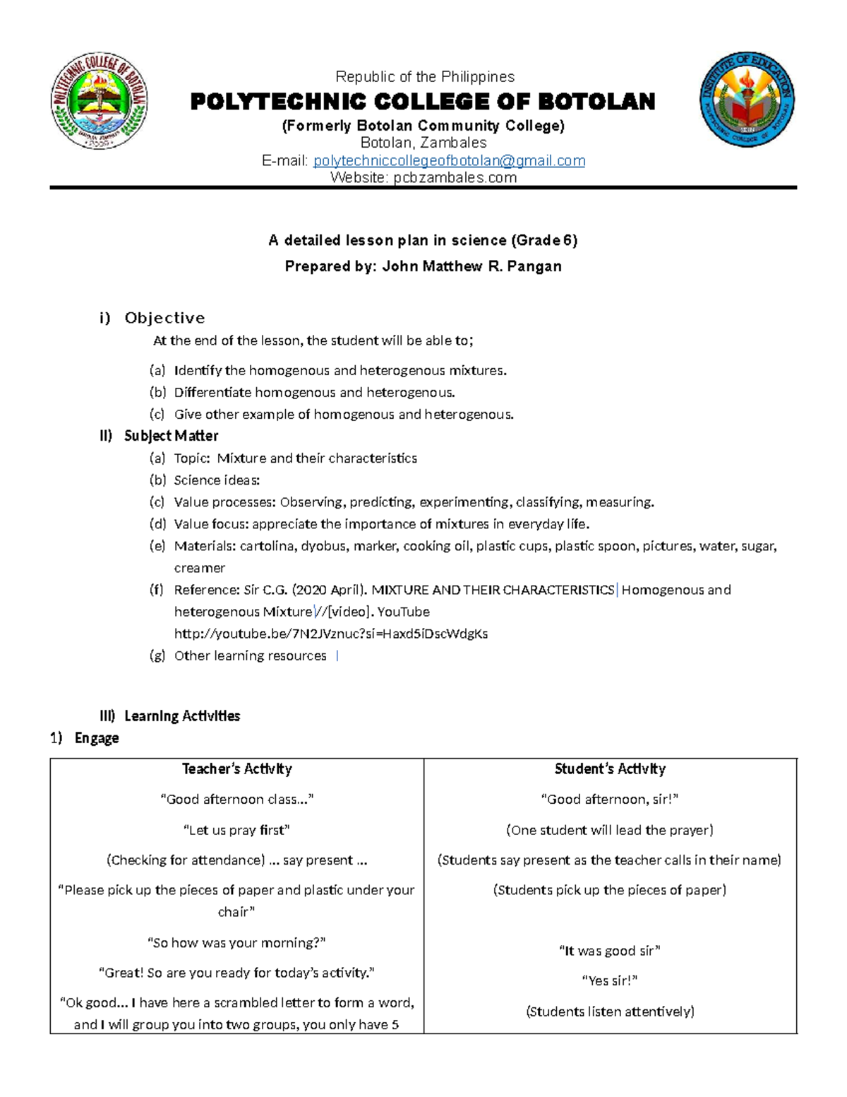 Edsci LP - Detailed Lesson Plan on Mixtures for Grade 6 Students - Studocu