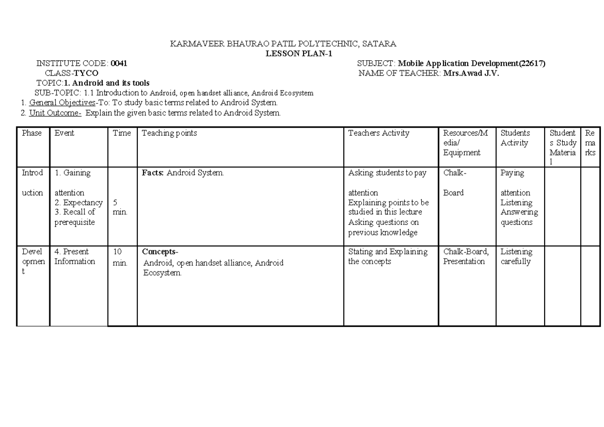 Lesson Plan for Mobile Application Development (22617) - Android Basics ...