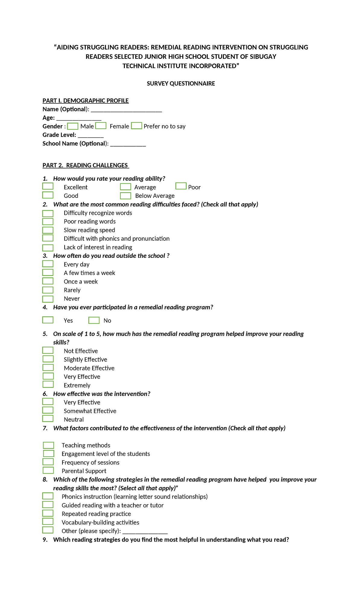 Questionnaire for Remedial Reading Intervention Study: JRHS-RRI Survey ...