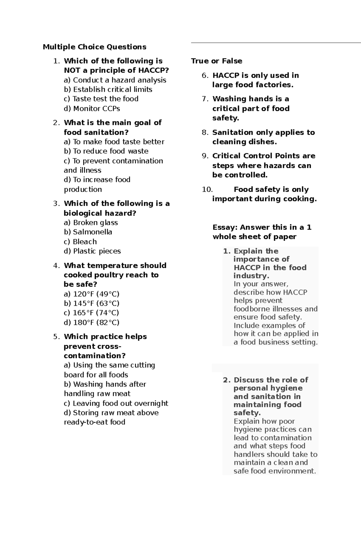 FOOD Safety Notes: HACCP Principles & Sanitation Practices - Studocu