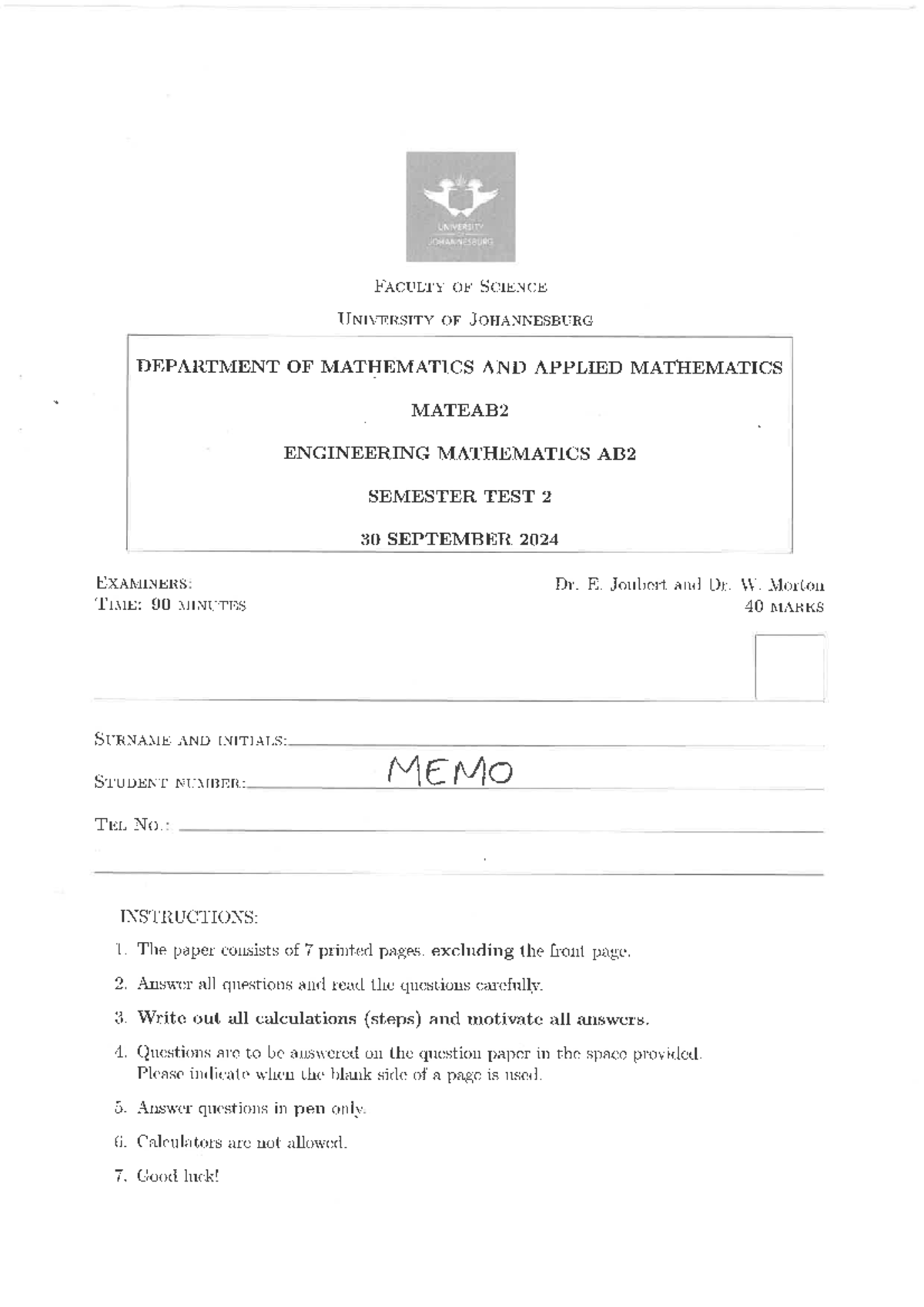 MATEAB2 Engineering Mathematics AB2 Semester Test 2 - 30 Sept 2024 ...