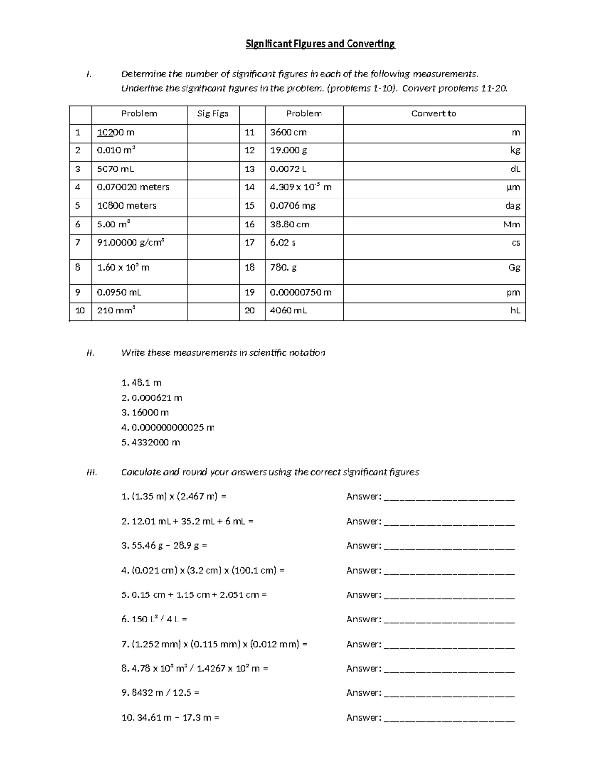 Sig. Fig. Worksheet - Converting Measurements and Notation - Studocu