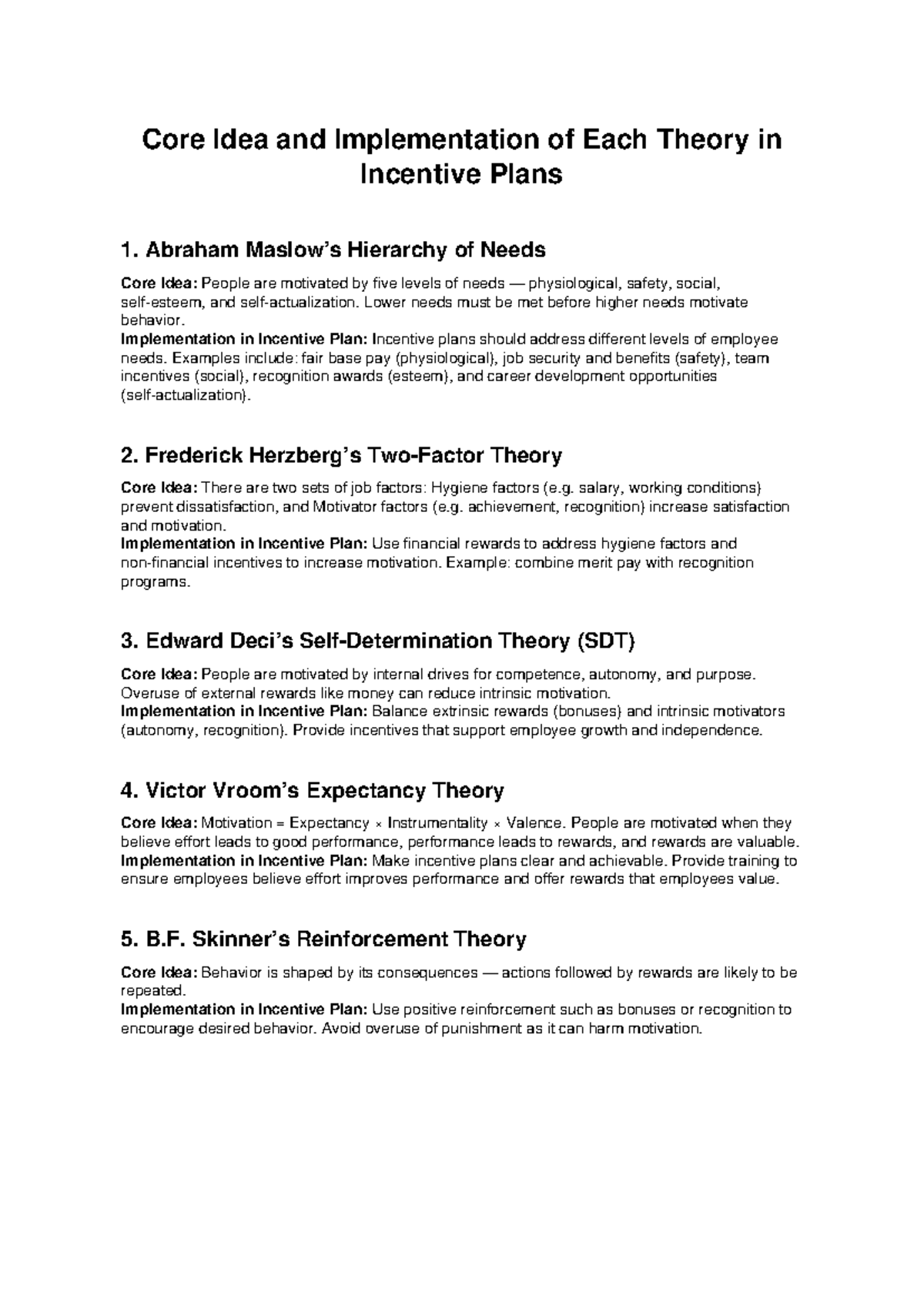 Core Ideas & Implementation of Theories in Incentive Plans - Studocu