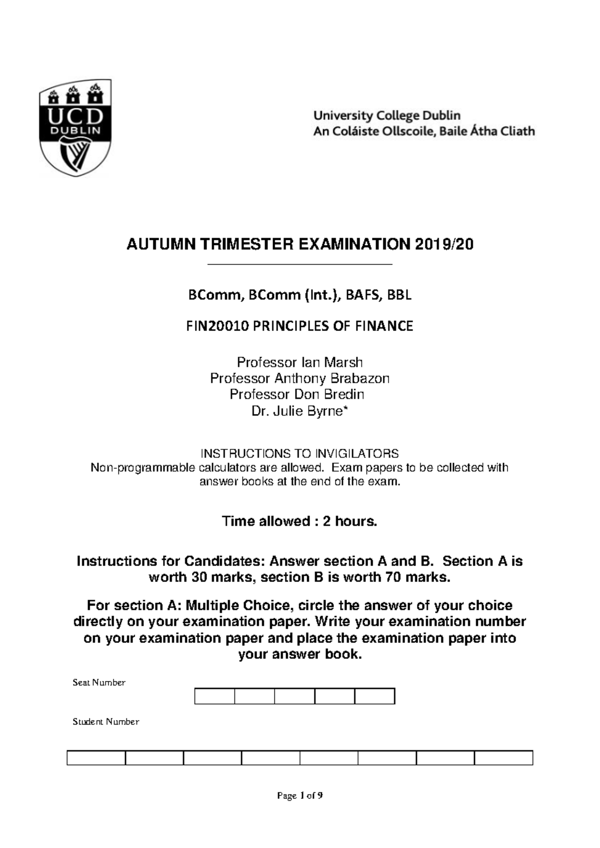 87089 FIN2001 - Autumn 2019 BComm Principles of Finance Exam Guide ...