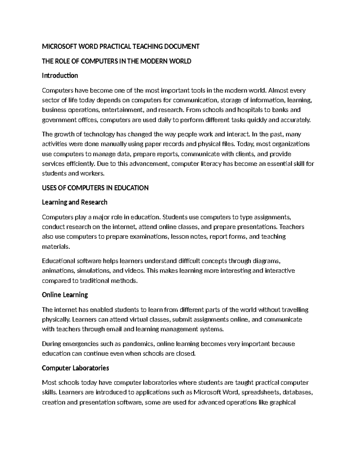MICROSOFT WORD PRACTICAL TEACHING GUIDE: ROLE OF COMPUTERS - Studocu