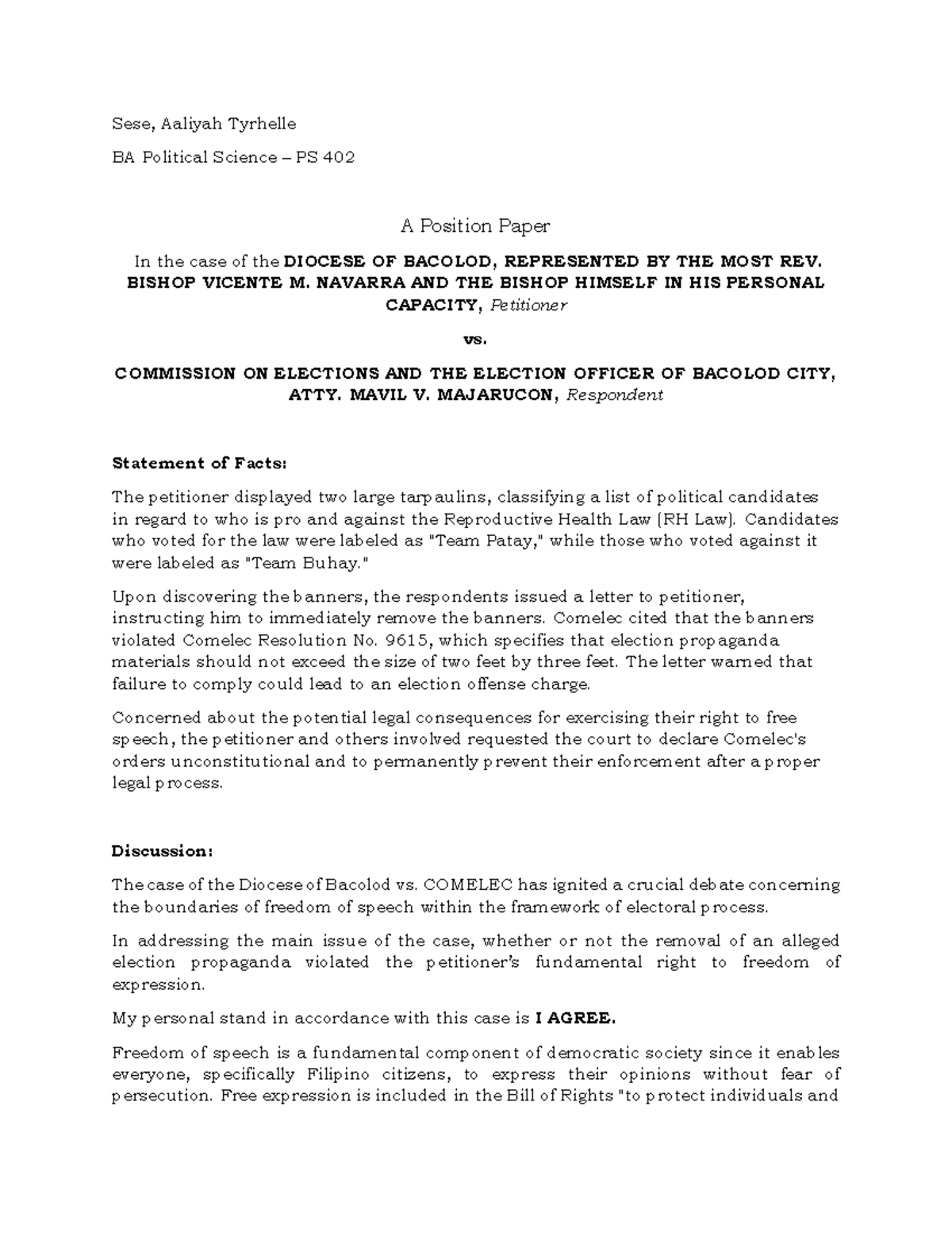 Diocese of Bacolod v. Comelec: Position Paper on RH Law Debate (PS 402 ...