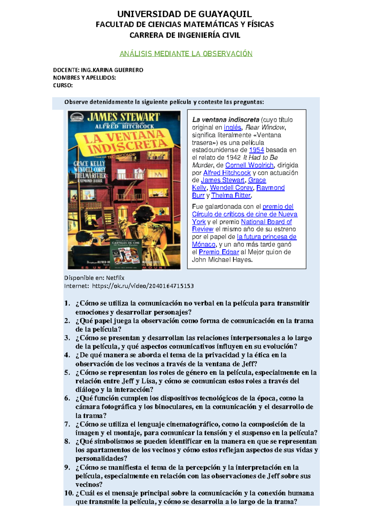 Análisis Visual de "La Ventana Indiscreta" - Curso de Cine 101 - Studocu