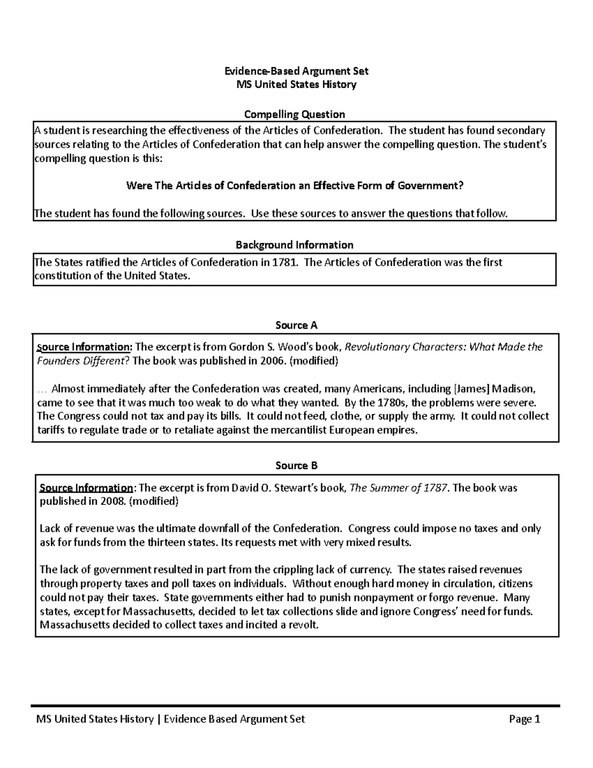 MS United States History Argument Set: Effectiveness of the Articles of ...
