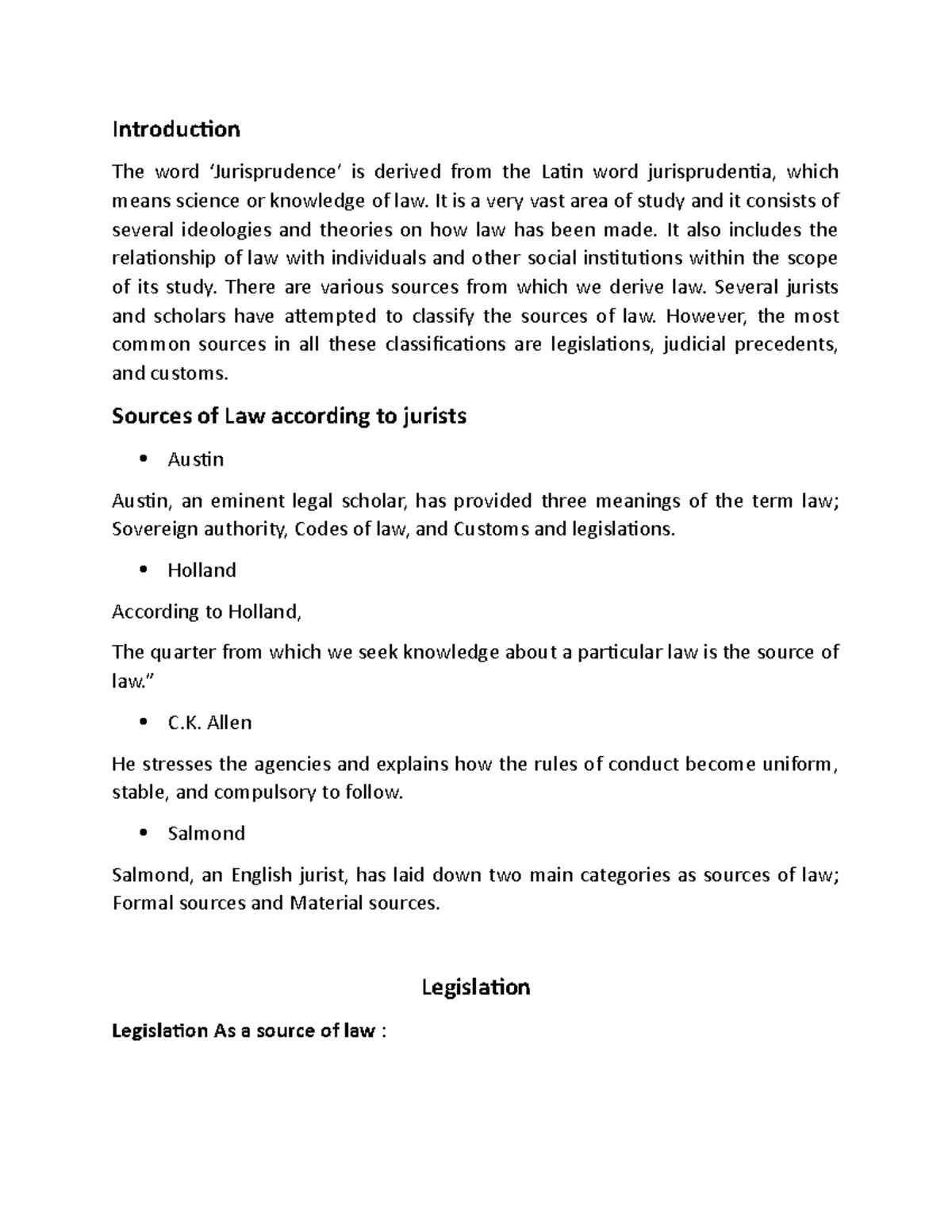 Jurisprudence: Legislation & Custom as Law Sources Analysis - Studocu