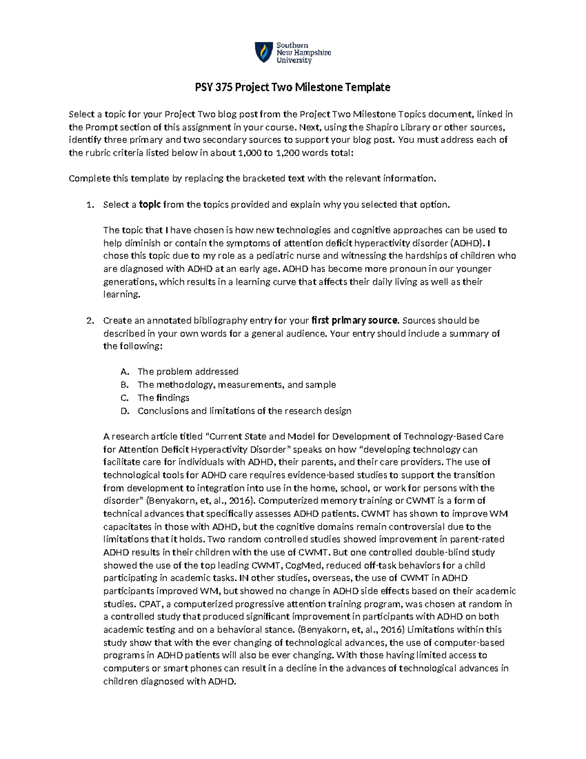 PSY 375 Project Two Milestone: ADHD and Technology Integration - Studocu