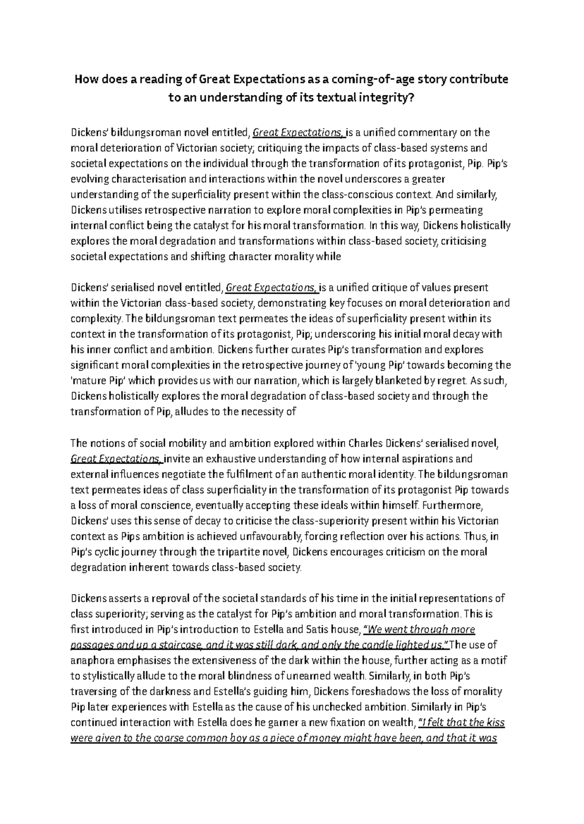 Great Expectations (ENG 101) Essay: Moral Transformation and Class ...
