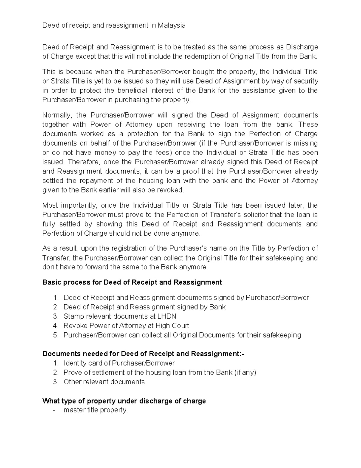Deed of Receipt and Reassignment Process in Malaysia: A Guide - Studocu
