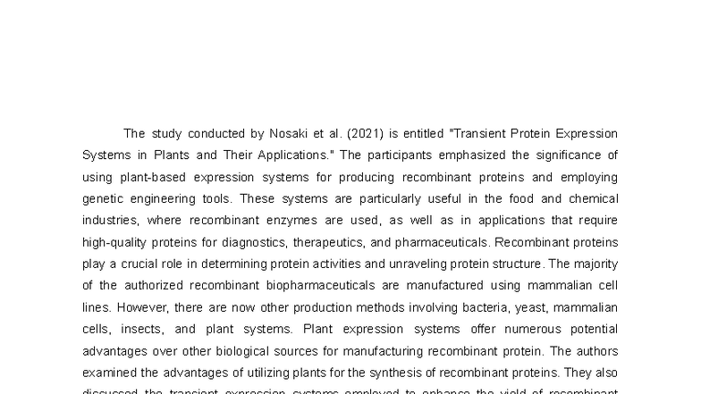 Article Review: Transient Protein Expression Systems in Plants (BIOL ...