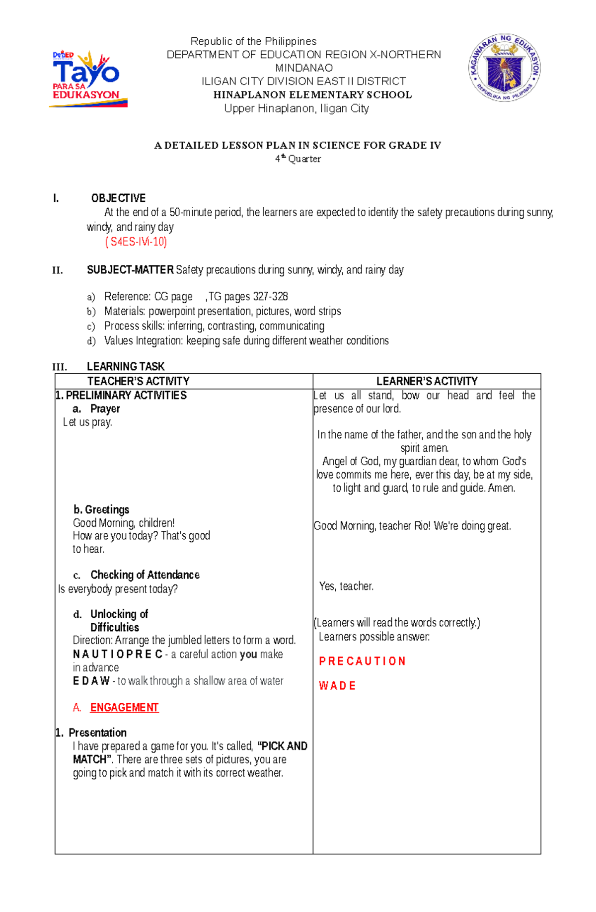 Grade 4 Quarter 4 Lesson Plan: Safety Precautions in Weather Conditions ...