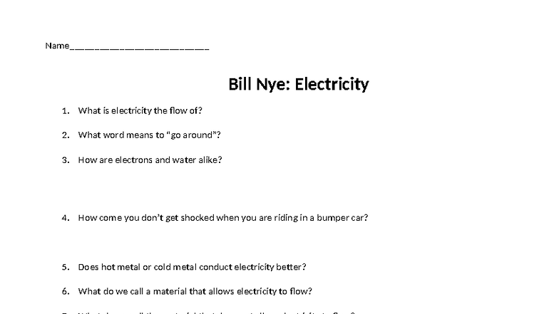Bill Nye Electricity Quiz Questions and Answers: Study Guide - Studocu