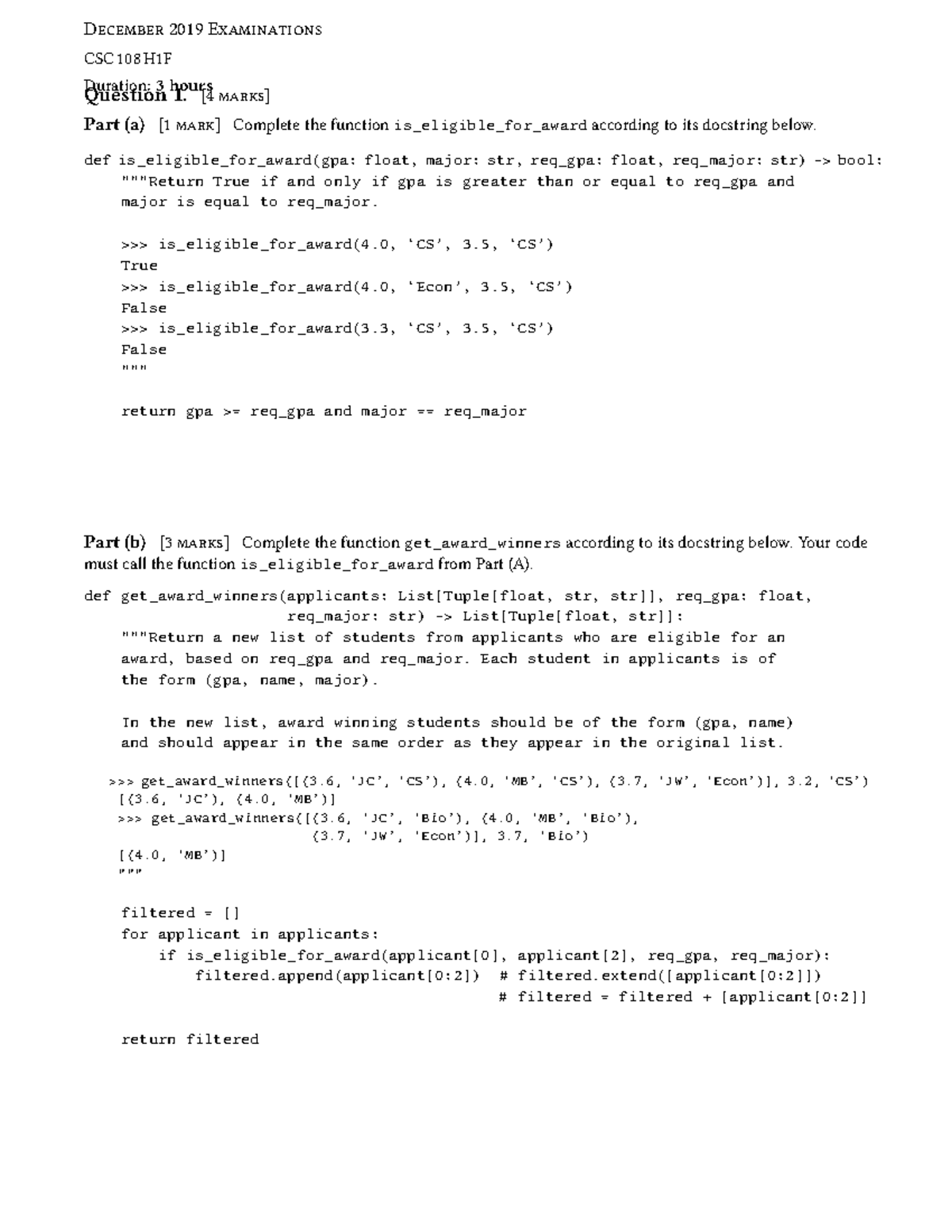 Final 2019, answers - CSC 108 H1F Duration: 3 hours Question 1. [4 ...