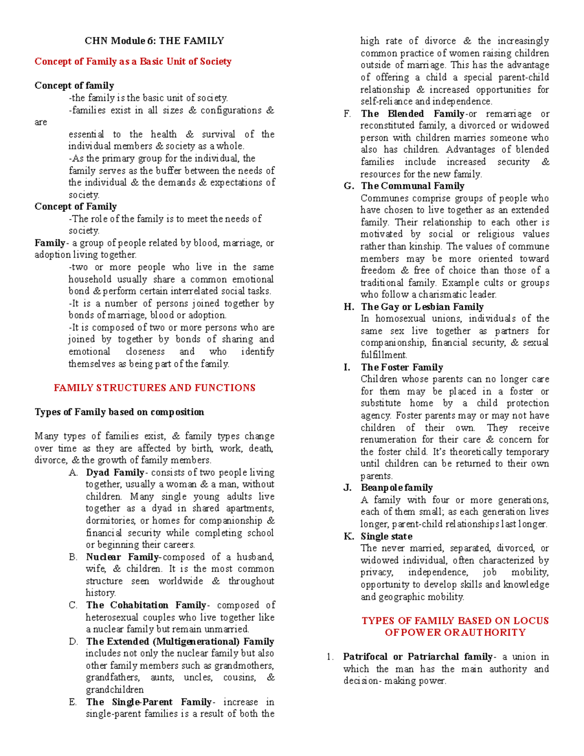 Community Health Nursing CHN 1: Modules 6 & 7 Overview on Family Dynamics - Studocu