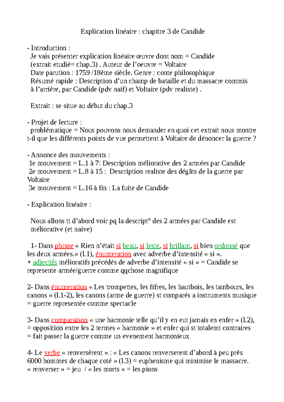 Explication linéaire de Candide, chapitre 3 par Voltaire (Littérature) - Studocu