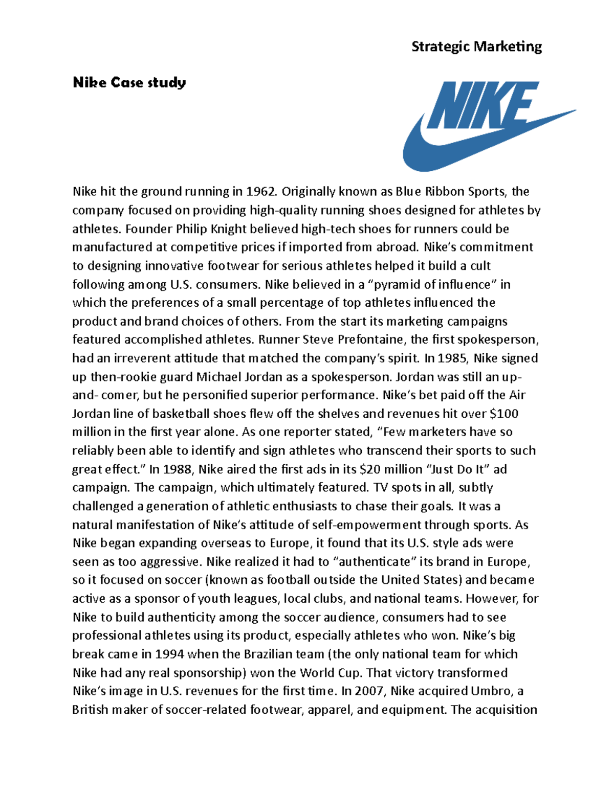 Strategic Marketing Insights: Nike Case Study Analysis - Strategic ...