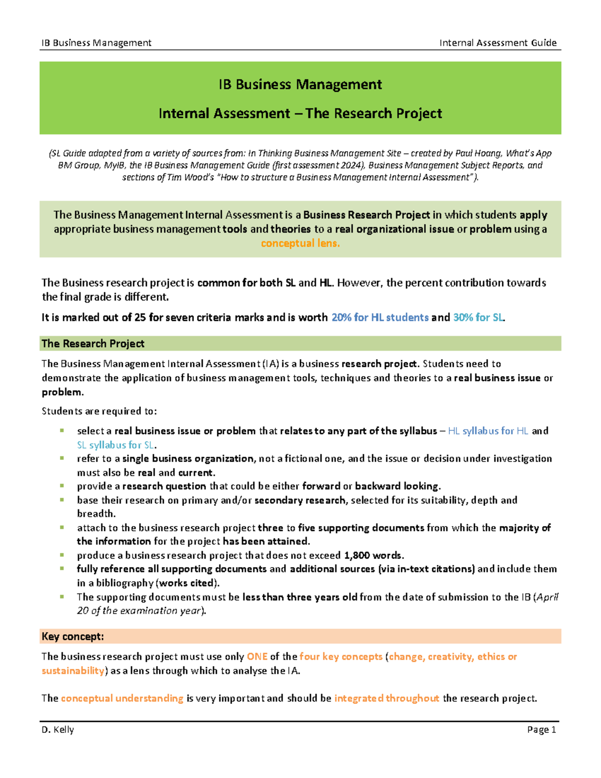 IB Business Management SL Internal Assessment Guide: Research Project ...