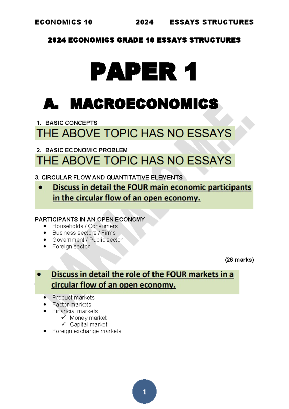 ECON 10 2024 Grade 10 Essay Structures: Macro & Micro Topics - Studocu