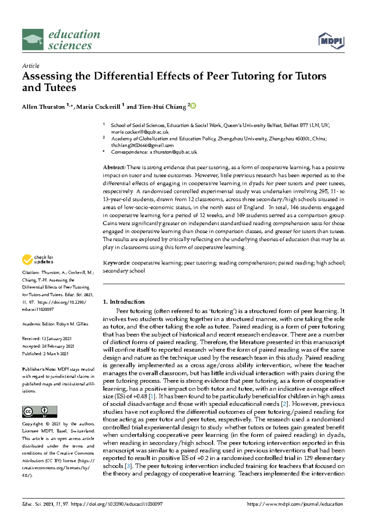 Assessing Peer Tutoring Effects on Tutors and Tutees in Education 11 ...