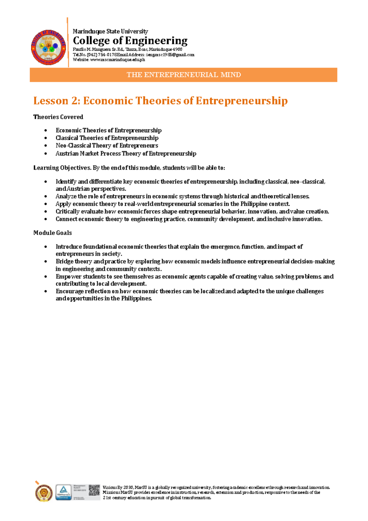 TEM Module 2: Economic Theories of Entrepreneurship Lesson - Studocu