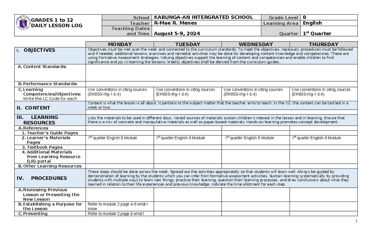 Grade 8 Daily Lesson Log: Citing Sources (EN8SS-IIIg-1.6) - Studocu