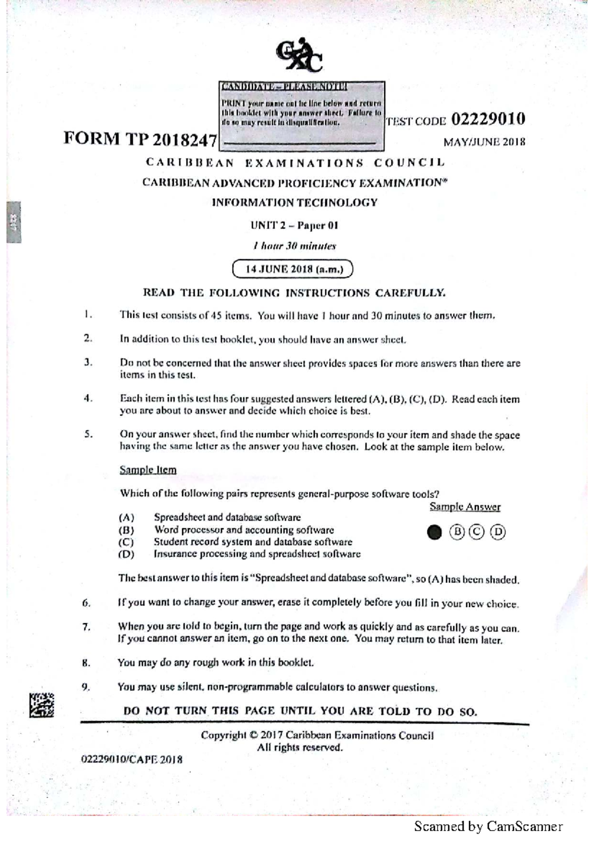CAPE IT 8247 Unit 2 Paper 01 Exam Instructions & Questions 2018 - Studocu