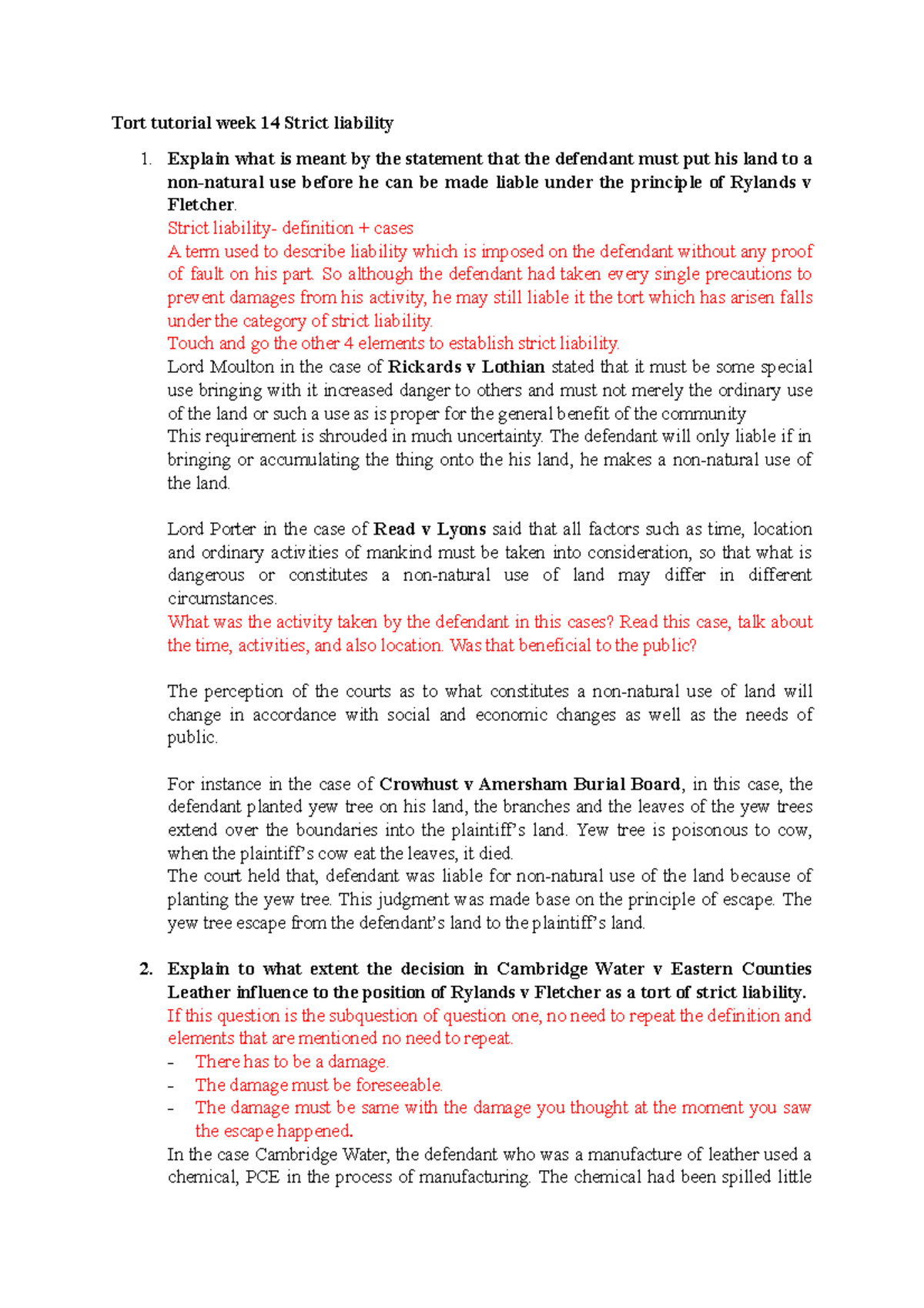 TORT 514: Week 14 Tutorial on Strict Liability Principles and Cases ...
