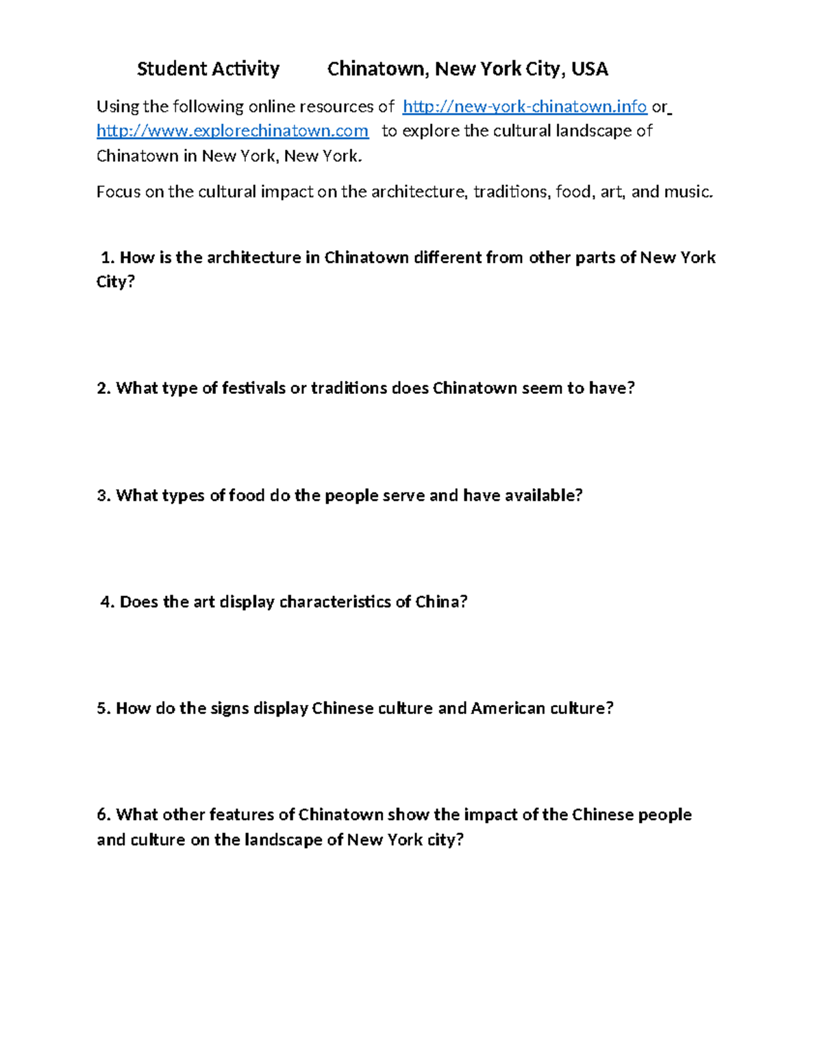 Exploring the Cultural Landscape of Chinatown SSWG2a - Studocu