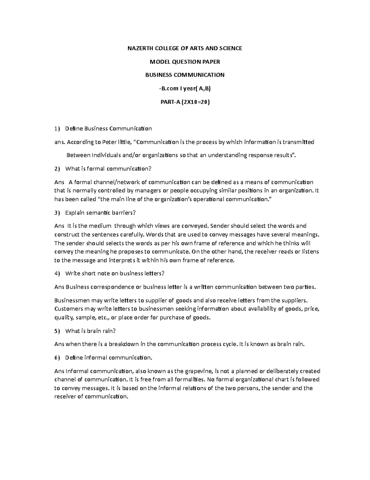 B.Com I Year Business Communication Model Question Paper - Studocu