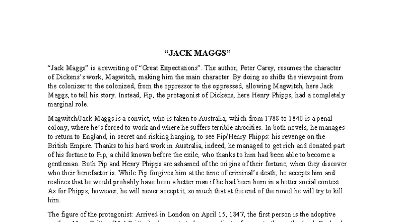 "ENG 201: Generic Summary of 'Jack Maggs' by Peter Carey" - Studocu