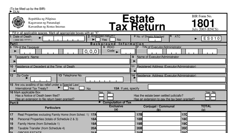 BIR Form 1801: Estate Tax Return Guidelines & Instructions - Studocu