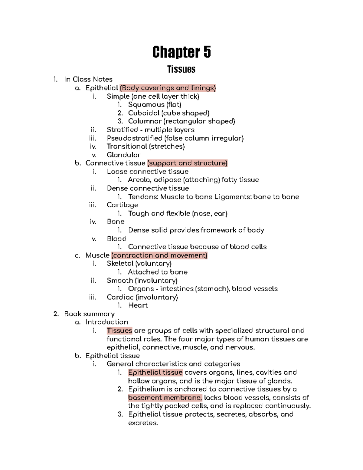 Anatomy and Physiology Chapter 5 - Chapter 5 Tissues In Class Notes a ...