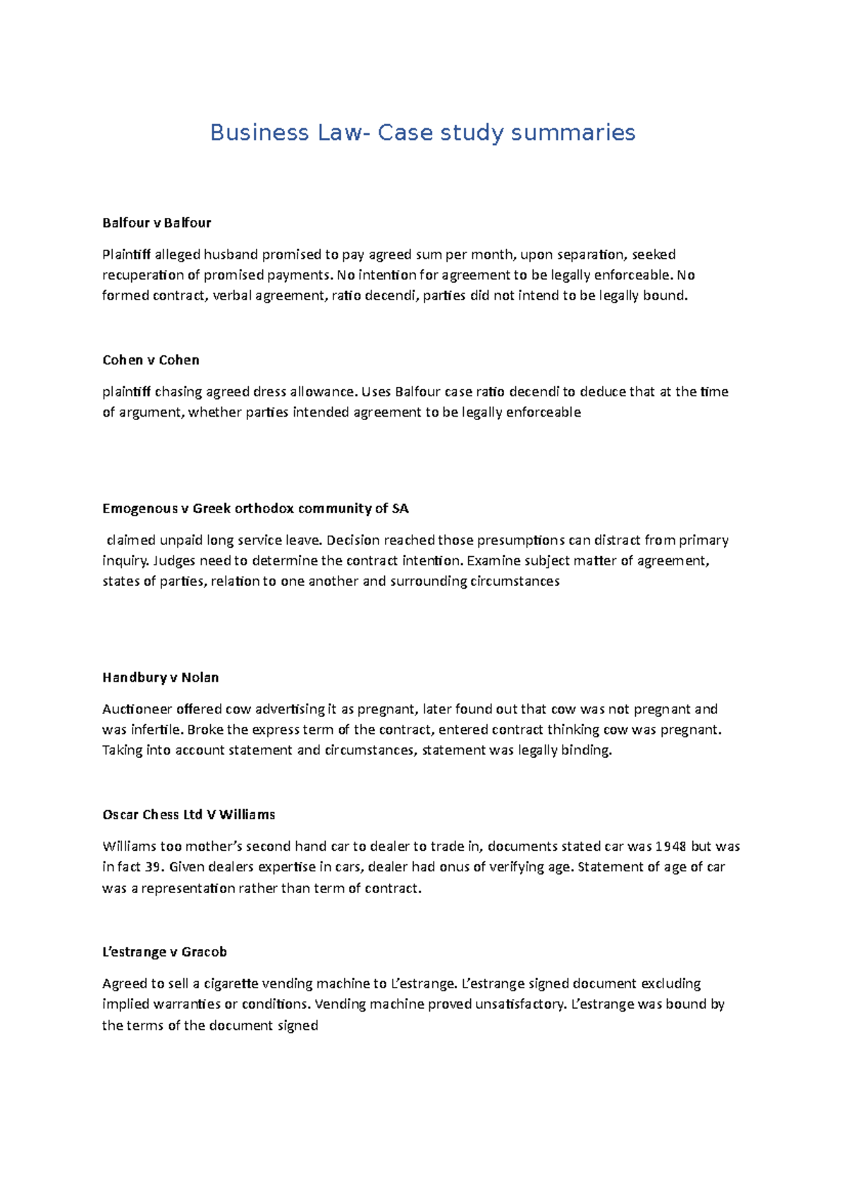 Business law case studies - Business Law- Case study summaries Balfour ...