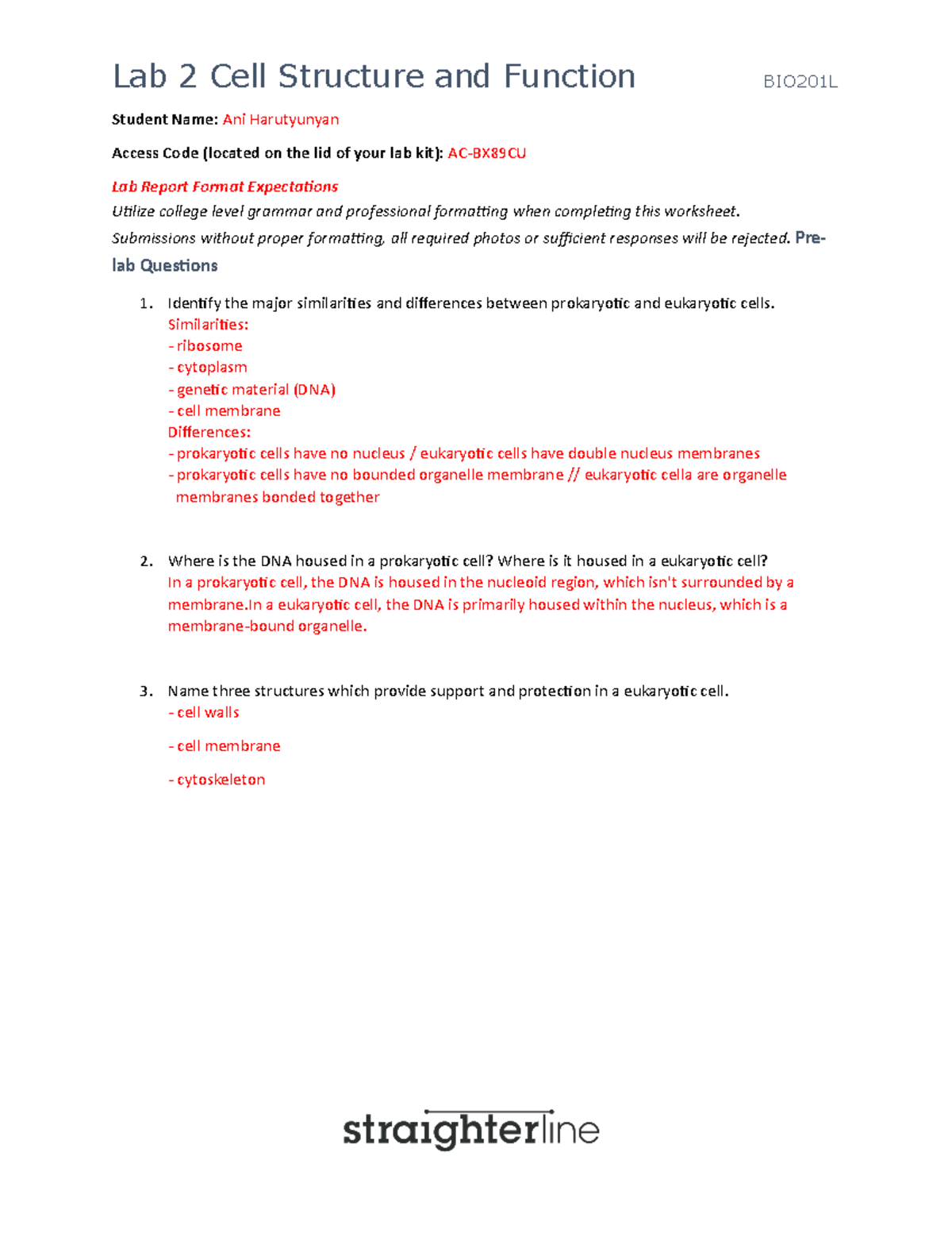 BIO201 Lab 2 - Anatomy & Physiology: Cell Structure & Function Report - Studocu