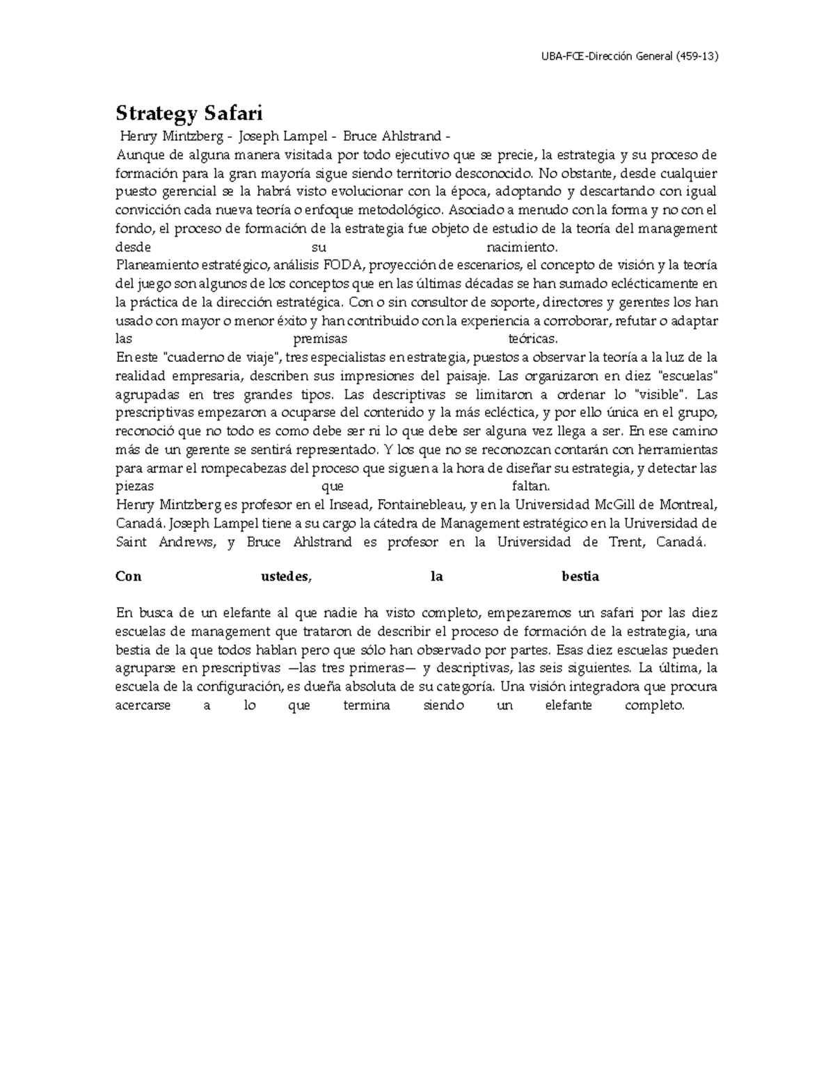 Resumen del libro Safari a la Estrategia - Strategy Safari Henry ...