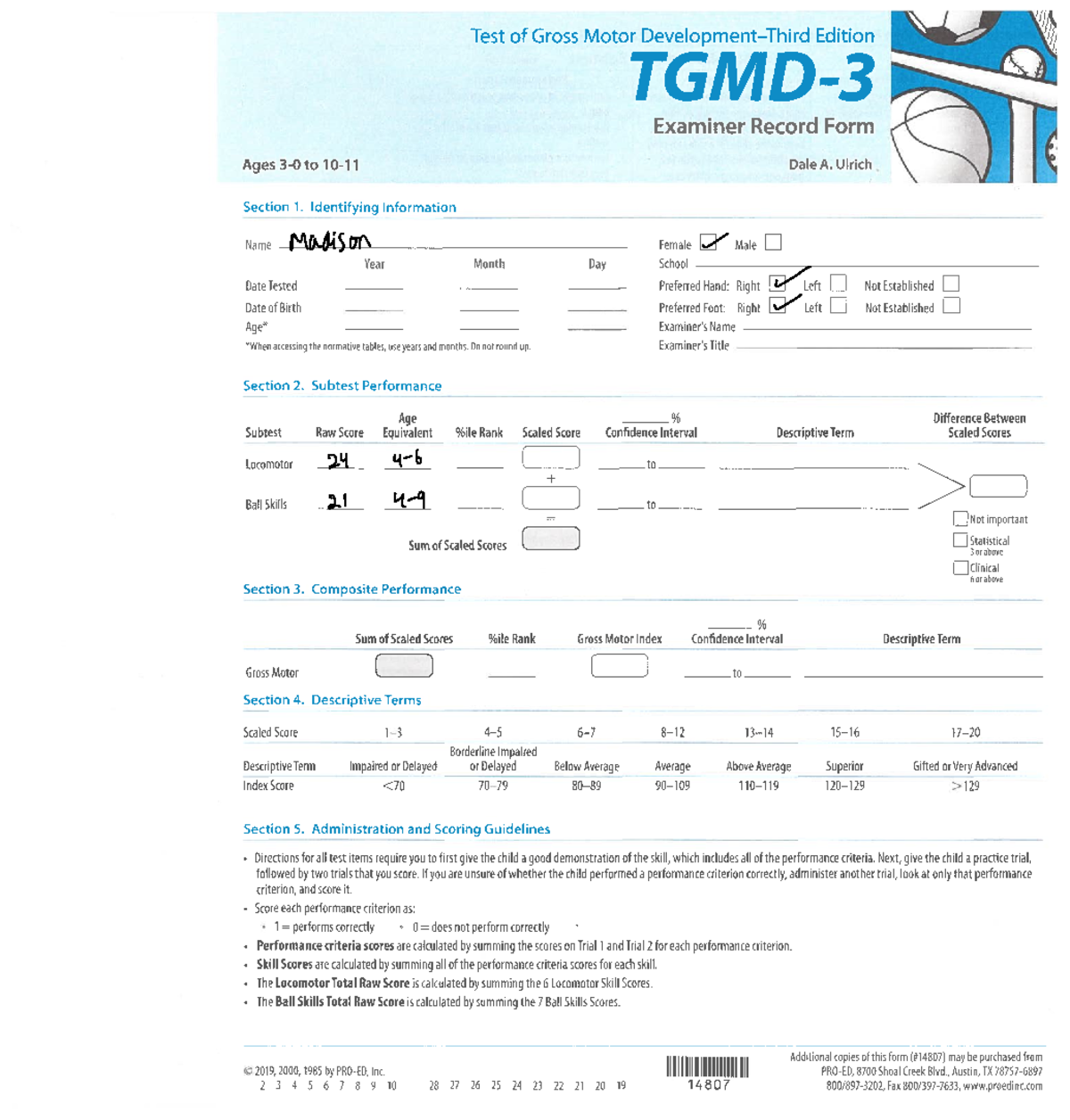 TGMD-261 Important Score Sheet for Locomotor Assessment - Studocu