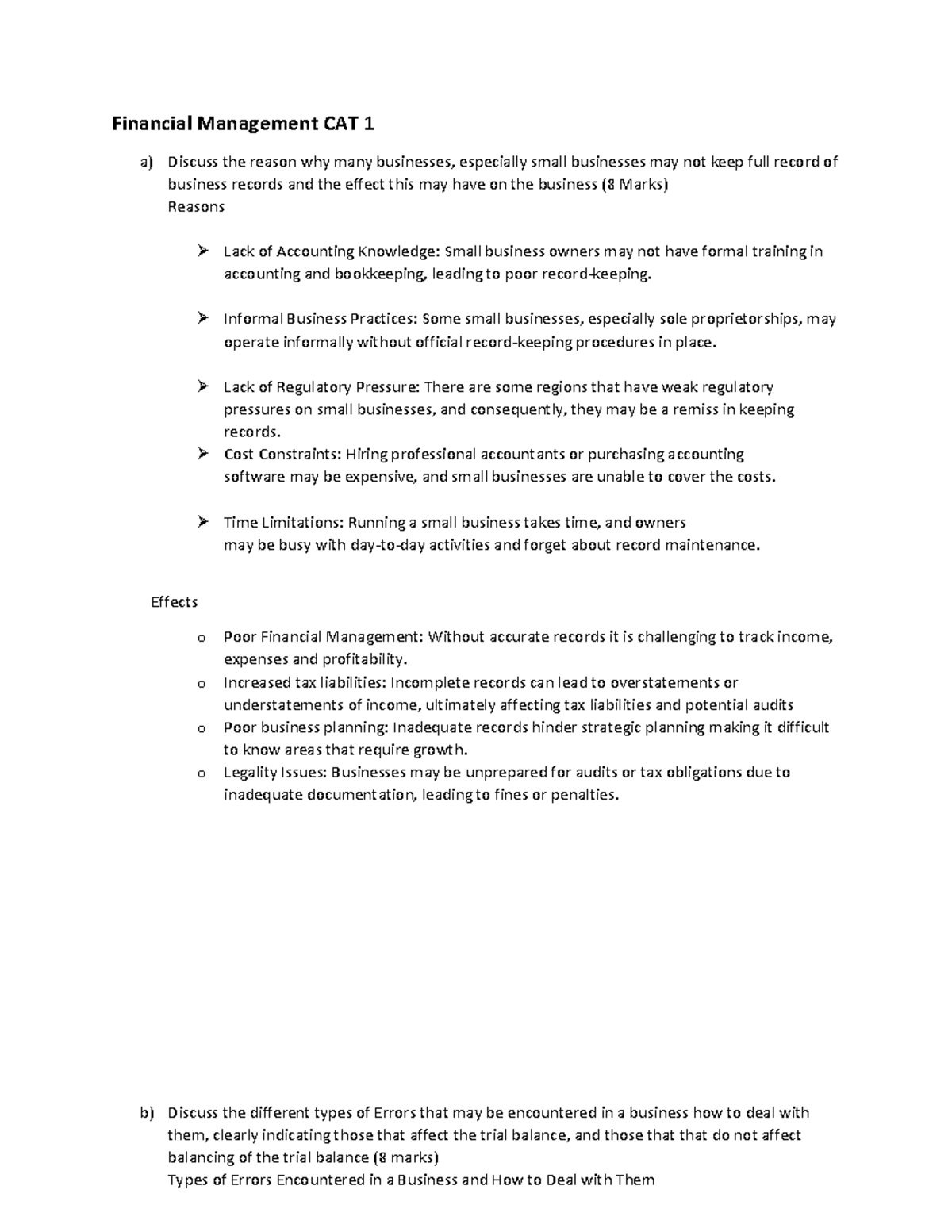 Financial Management CAT 1: Business Record Keeping & Error Types ...