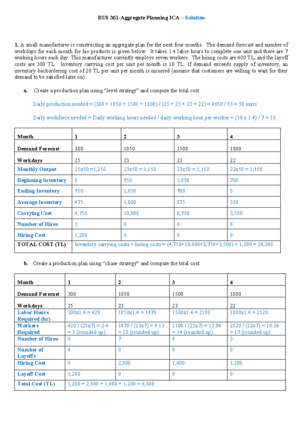 ICA AP Ch11 Solution - BUS 361-Aggregate Planning ICA – Solution A ...