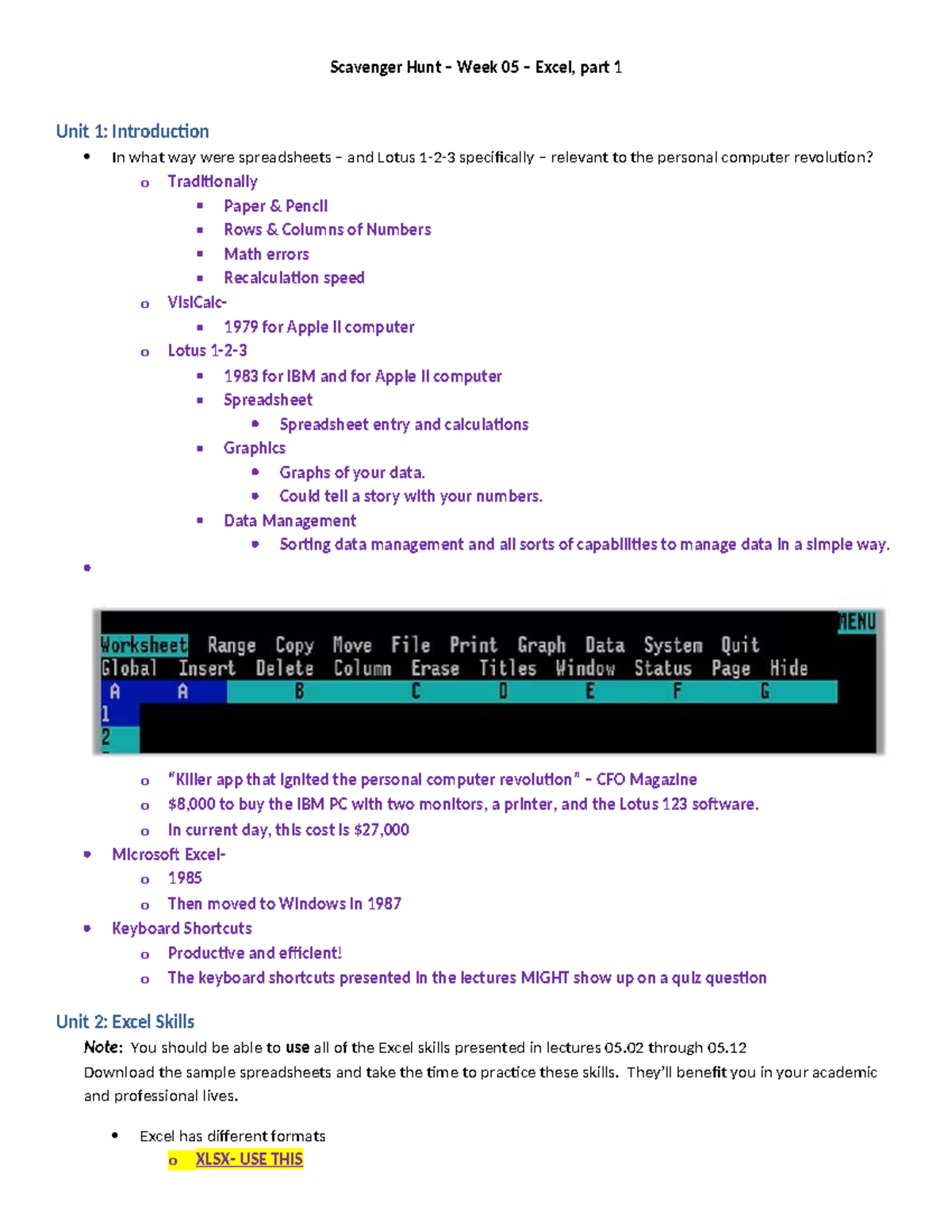 Scavenger Hunt 05-Excel Part 1 - Key Concepts for Exam 2 - Studocu