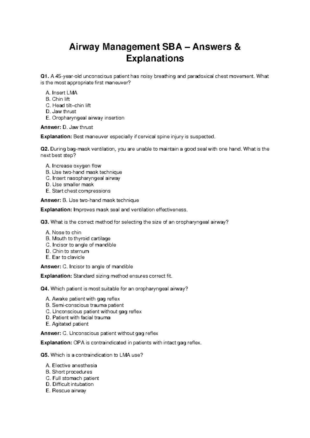 Airway Management SBA Practice Questions Answers - MBBS - Studocu
