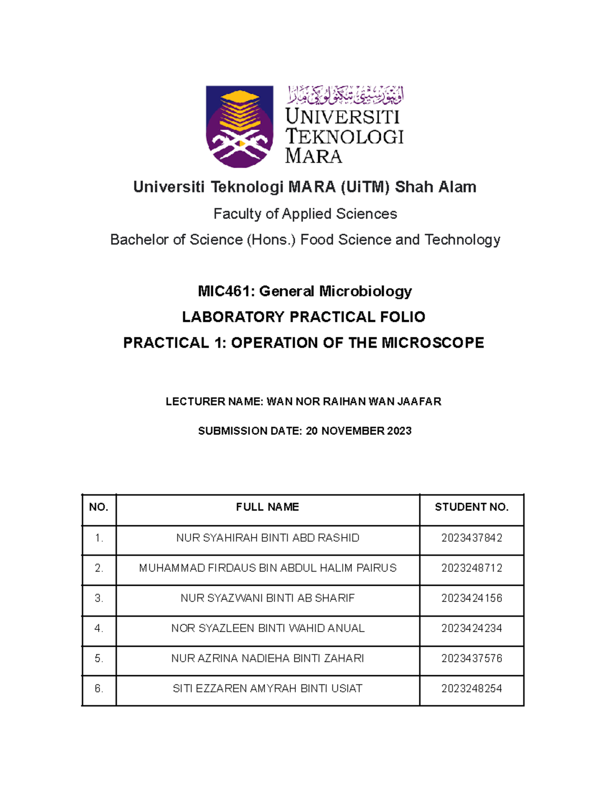 MIC461 - Practical 1: Microscope Operation Laboratory Report - Studocu