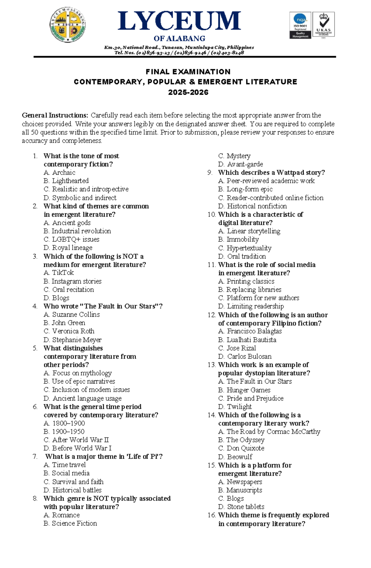 LYCEUM OF ALABANG Contemporary Literature Final Exam Guide - Studocu