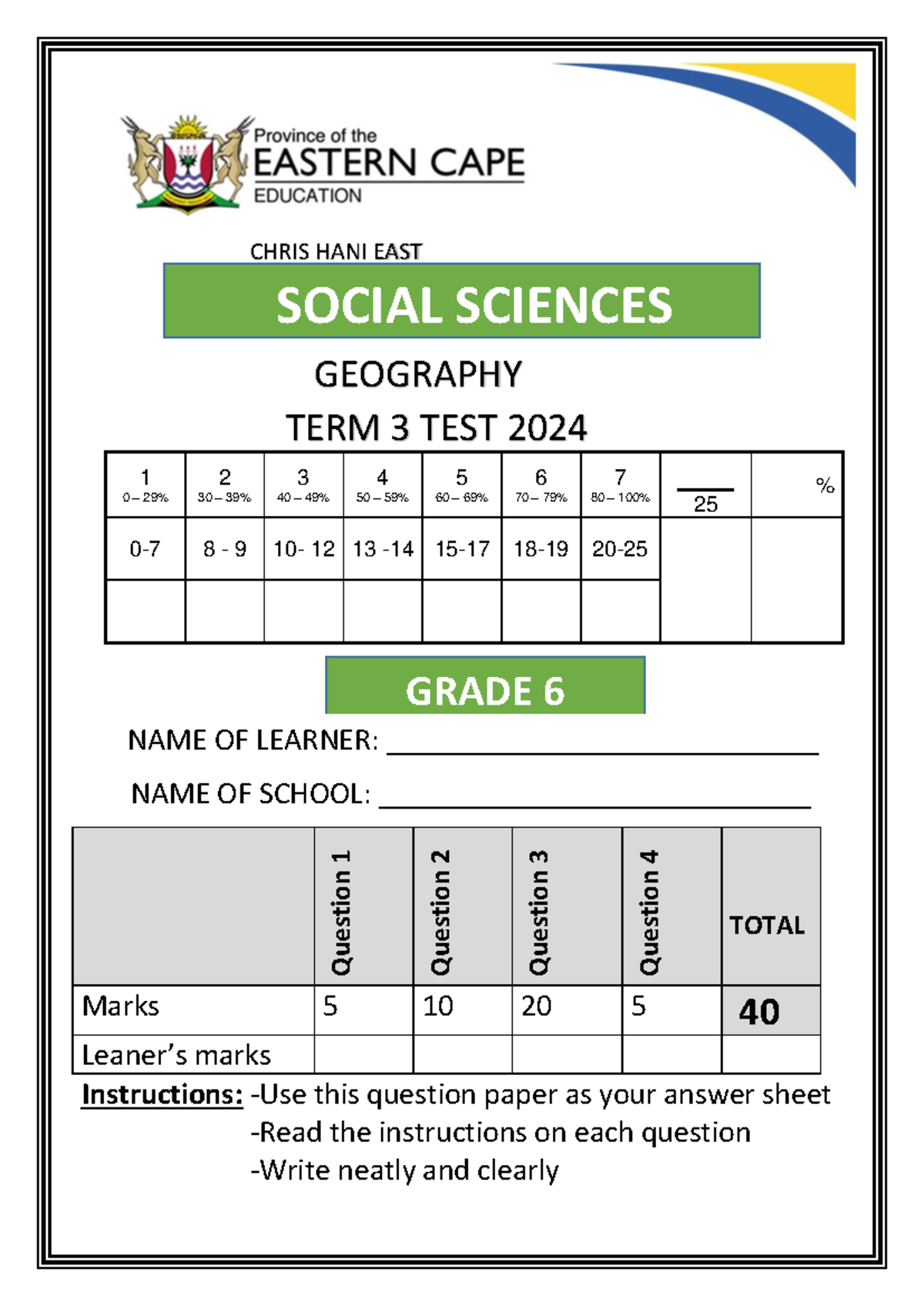 2024 GEO Grade 6 Term 3 Test Question Paper - Studocu