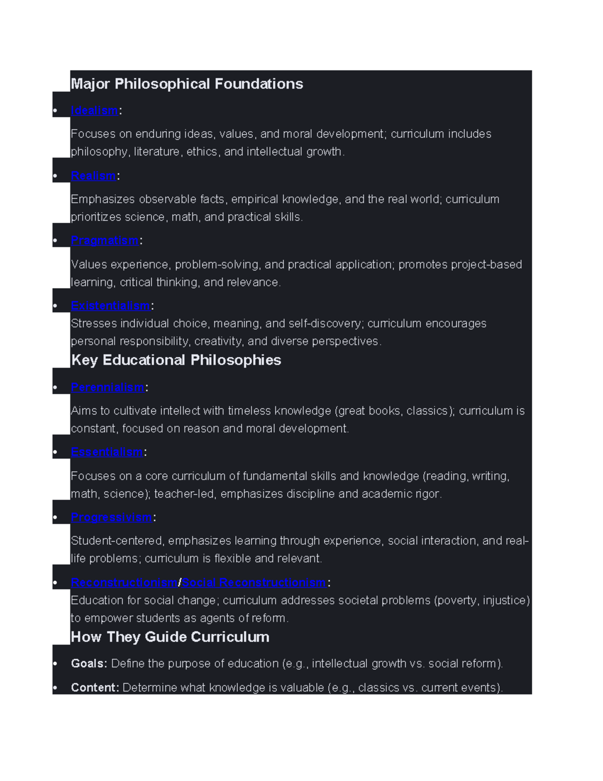 Major Philosophical Foundations in Curriculum Development - Studocu