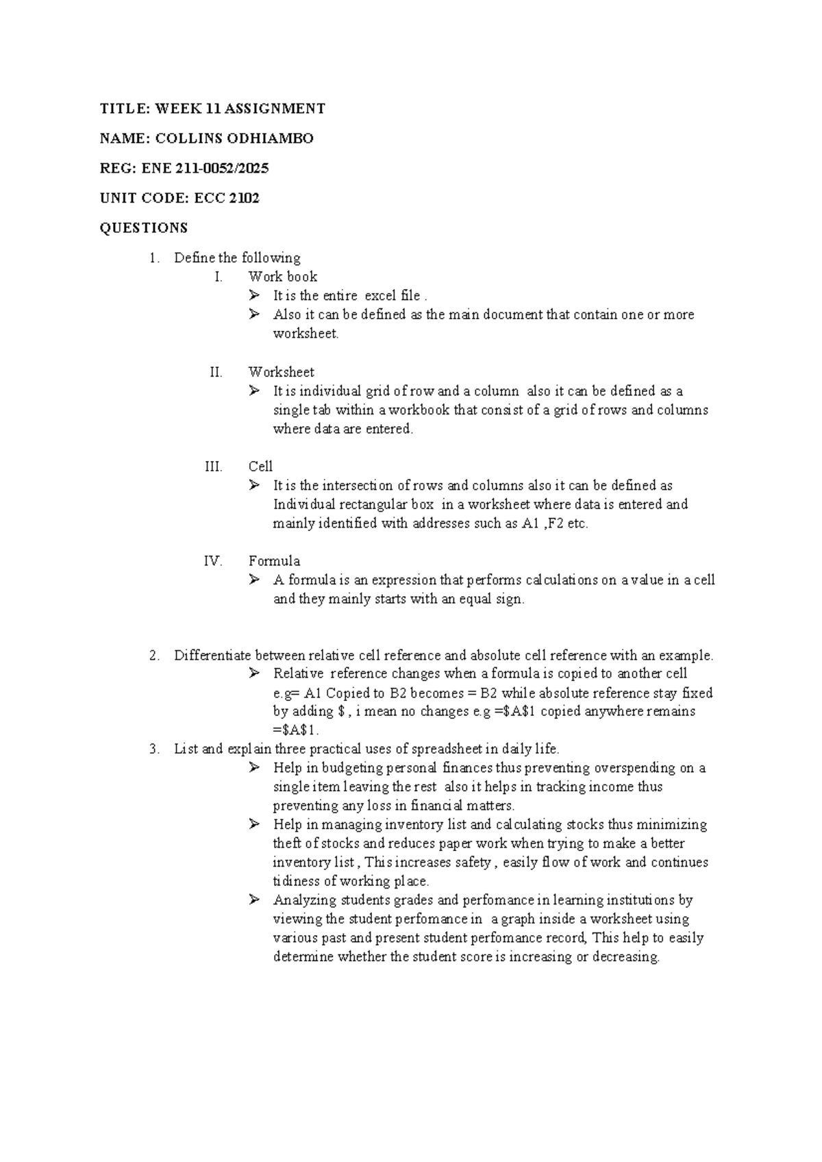 ECC 2102 Week 11 Assignment: Understanding Excel Basics - Studocu